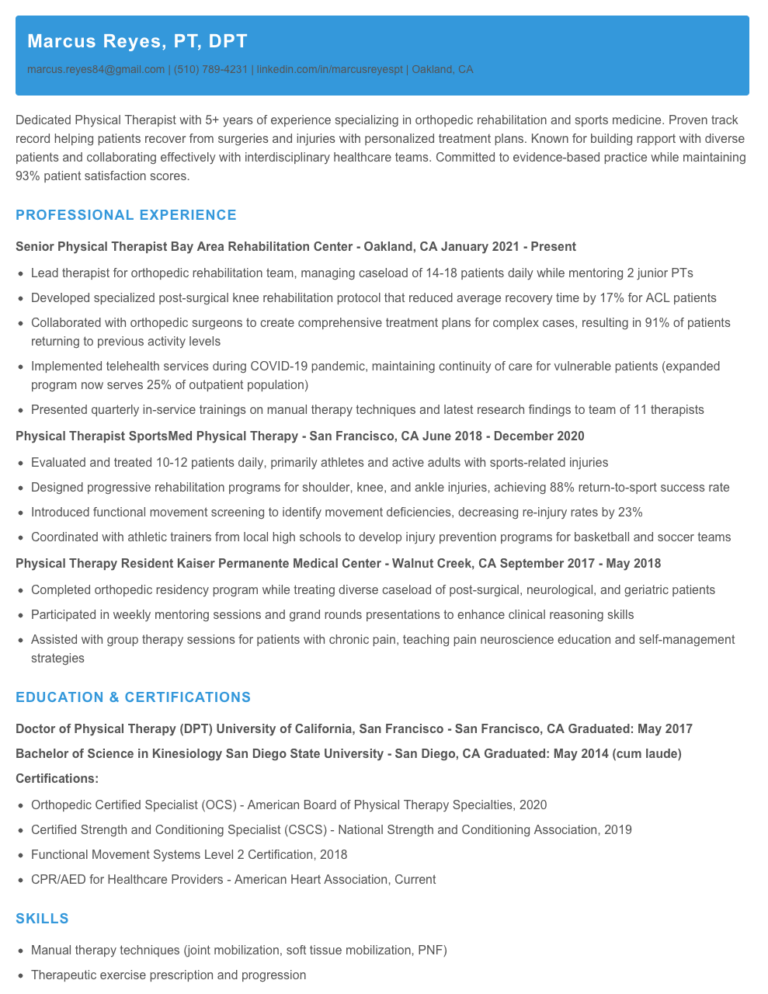 Physical Therapist Resume Examples & Templates 2025 - Resume.AI