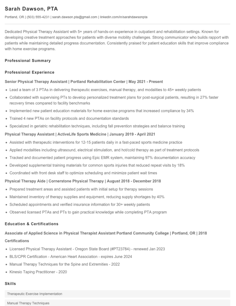 Physical Therapy Assistant Resume Examples & Templates 2025 - Resume.AI