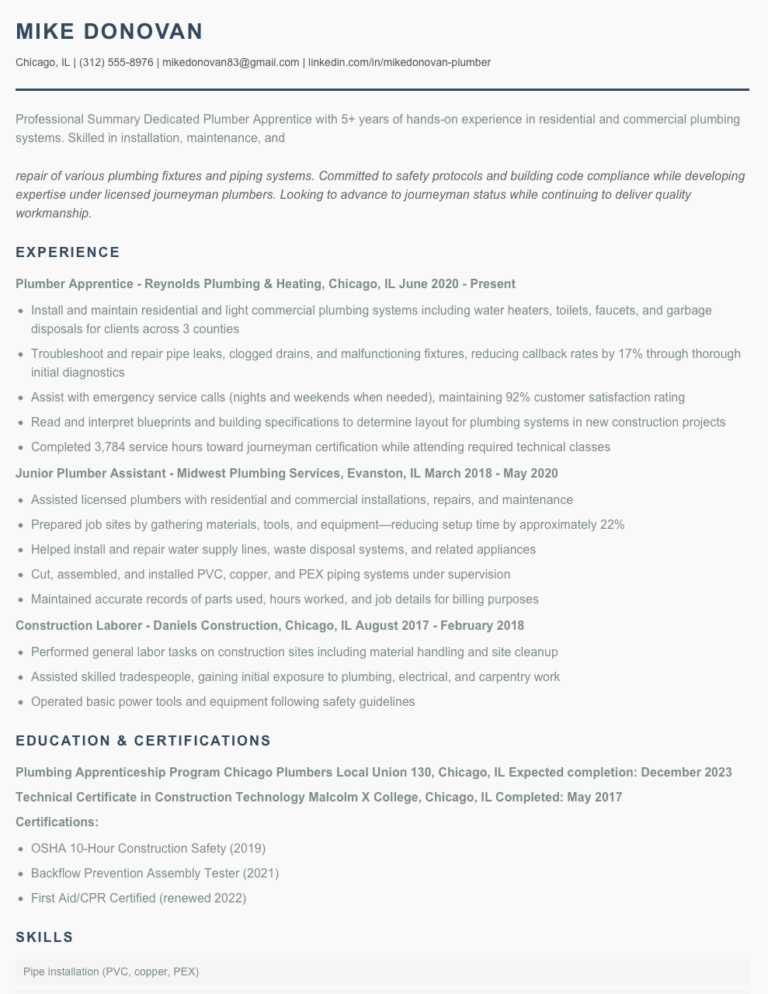 Plumber Apprentice Resume Examples & Templates 2025 - Resume.AI
