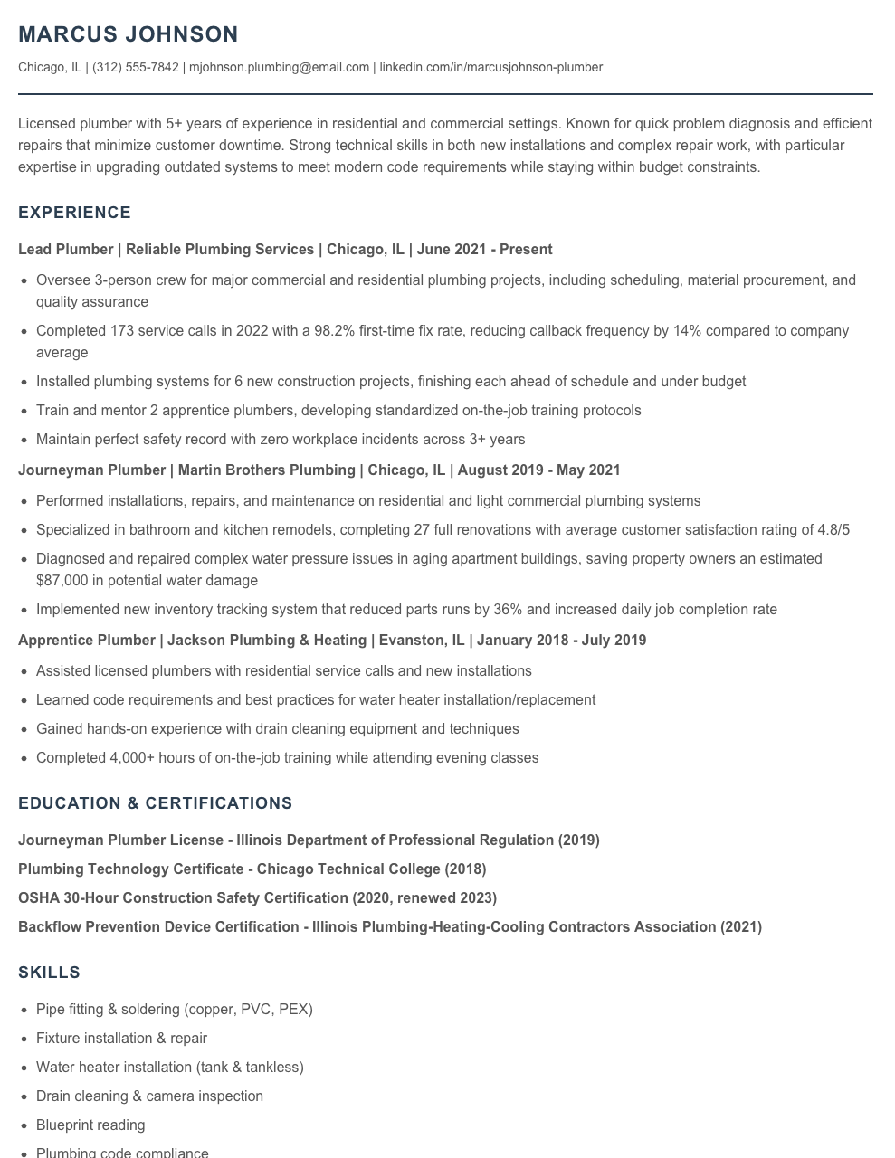 Plumber Resume Examples & Templates 2025 - Resume.AI