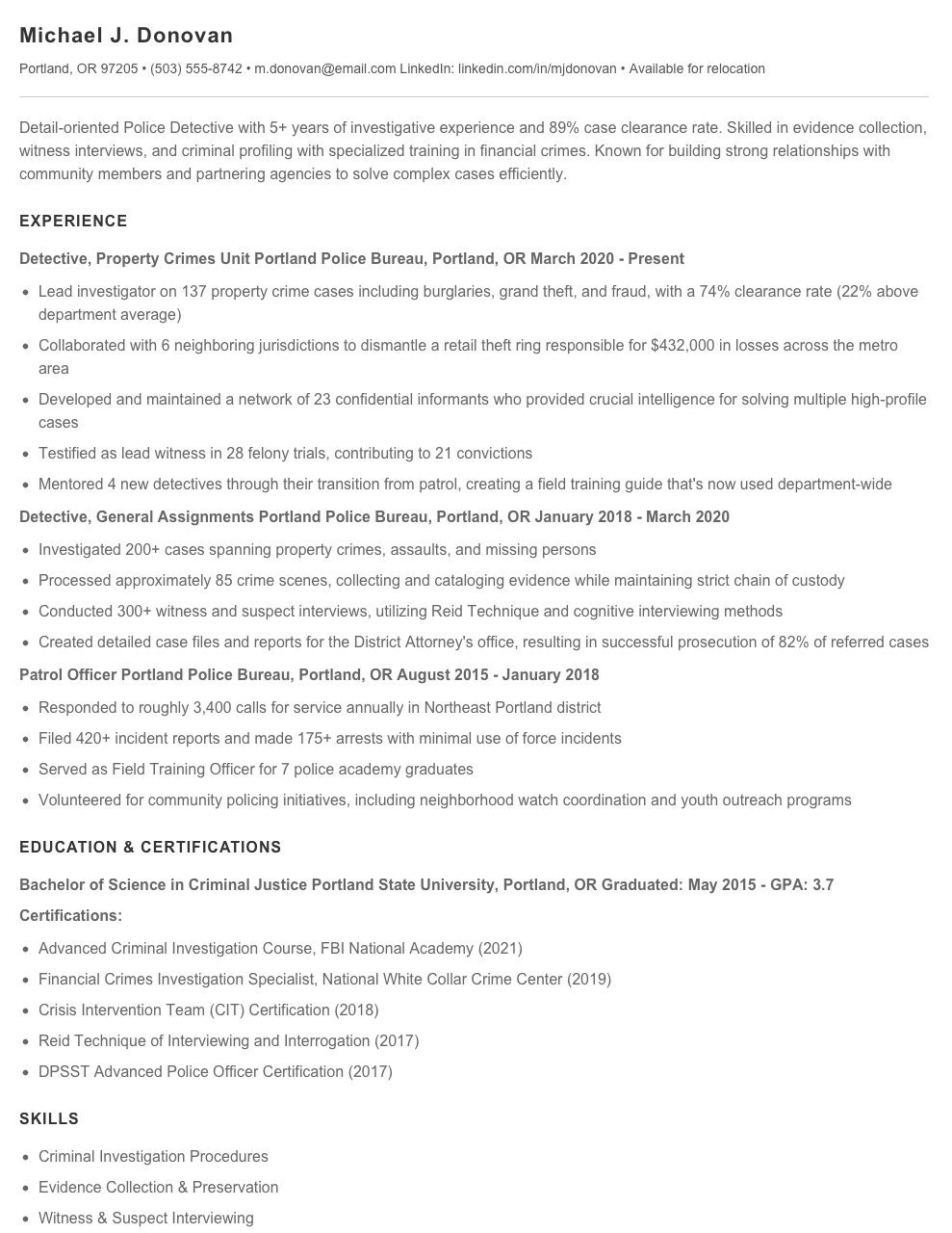 Police Detective Resume Examples & Templates 2025 - Resume.AI