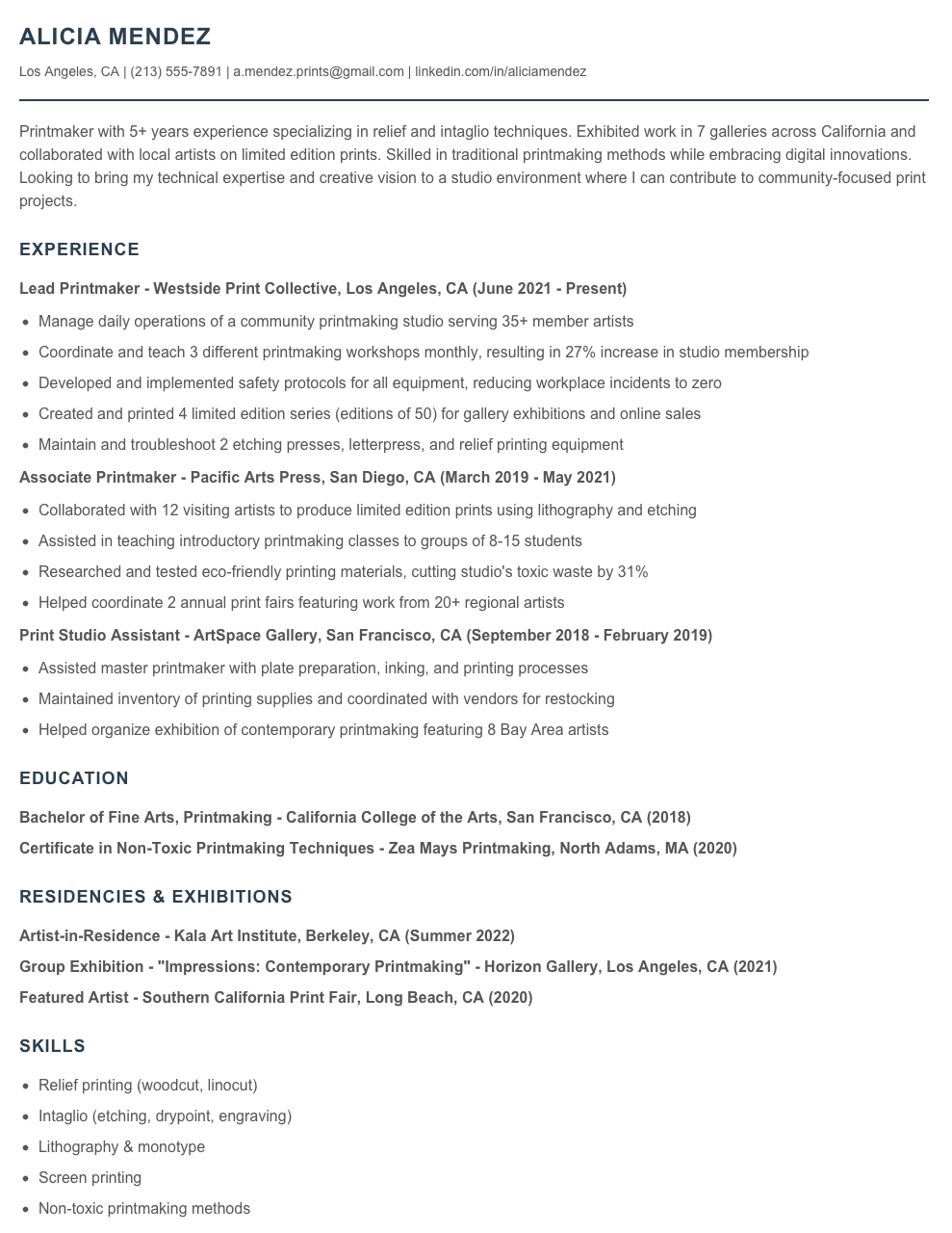 Printmaker Resume Examples & Templates 2025 - Resume.AI