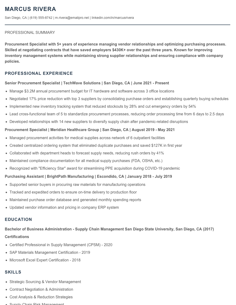 Procurement Specialist Resume Examples & Templates 2025 - Resume.AI