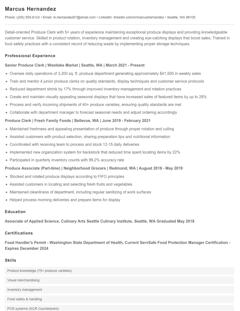 Produce Clerk Resume Examples & Templates 2025 - Resume.AI