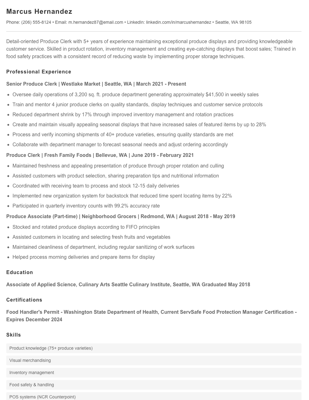 Produce Clerk Resume Examples & Templates 2025 - Resume.AI