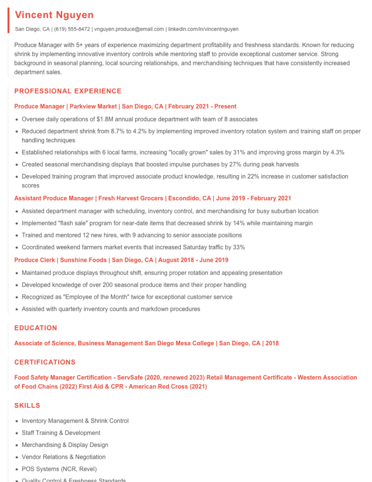 Produce Manager Resume Examples & Templates 2025 - Resume.AI