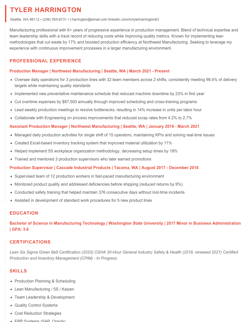 Production Manager Resume Examples & Templates 2025 - Resume.AI