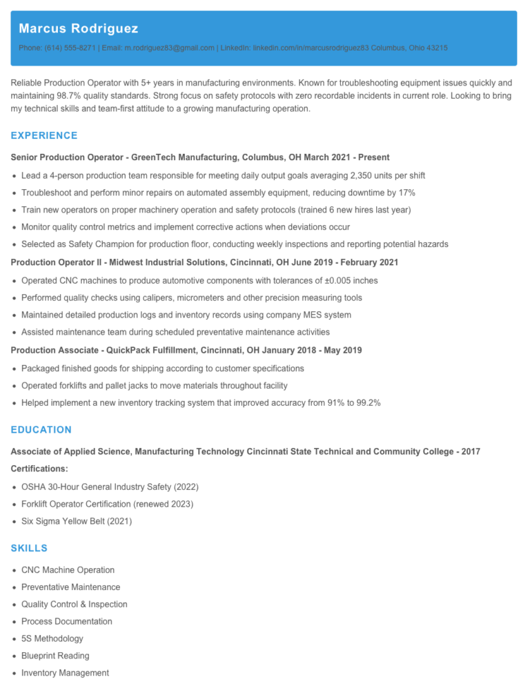 Production Operator Resume Examples & Templates 2025 - Resume.AI