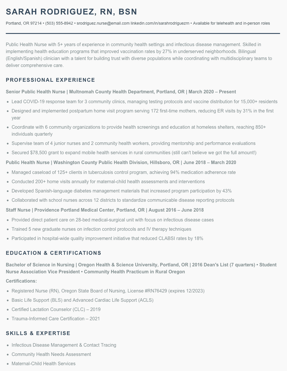 Public Health Nurse Resume Examples & Templates 2025 - Resume.AI
