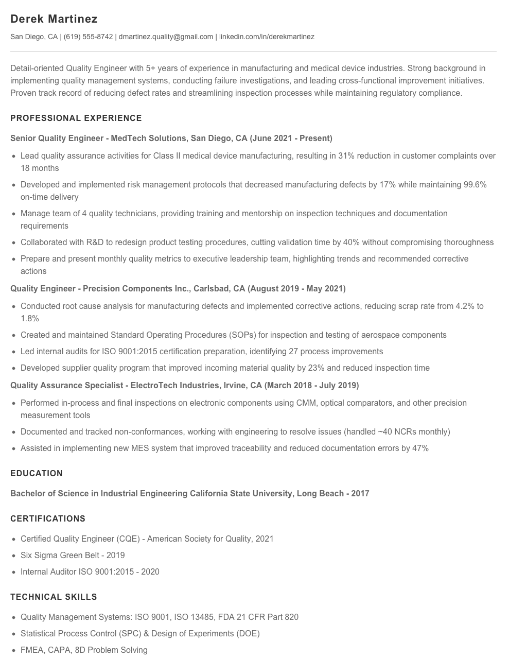 Quality Engineer Resume Examples & Templates 2025 - Resume.AI