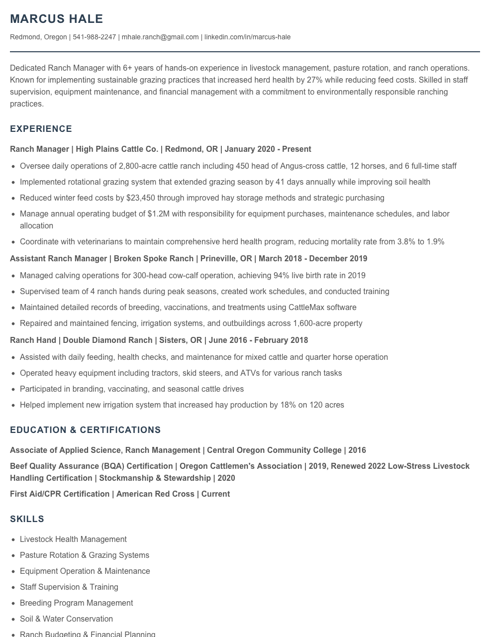 Ranch Manager Resume Examples & Templates 2025 - Resume.AI