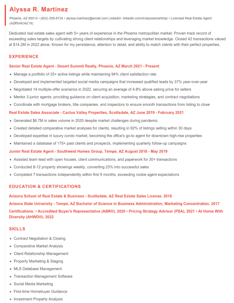 Real Estate Sales Agent Resume Examples & Templates 2025 - Resume.AI