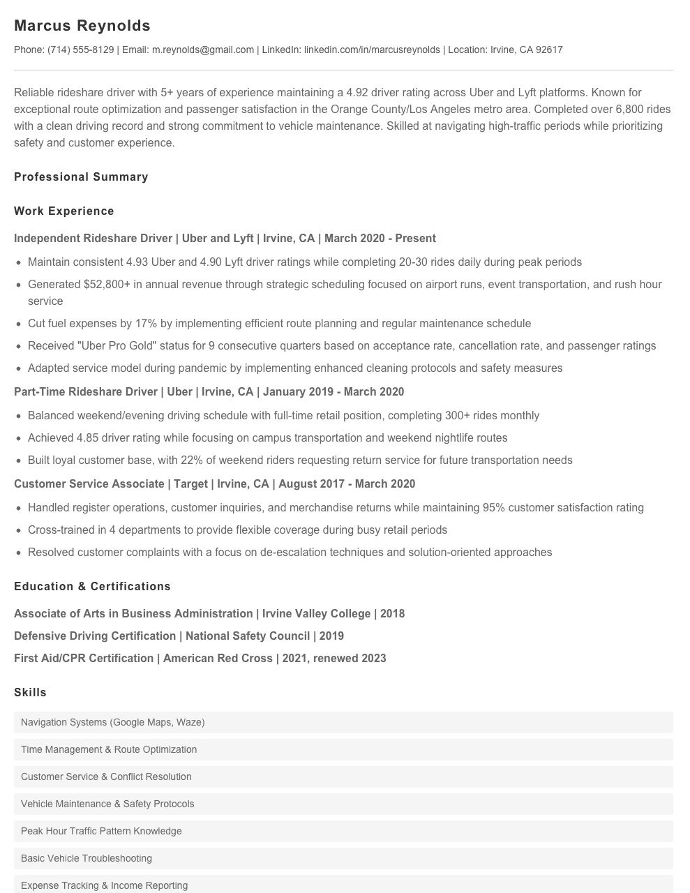 Rideshare Driver Resume Examples & Templates 2025 - Resume.AI