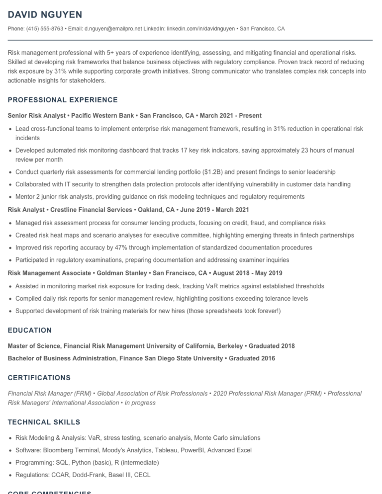 Risk Manager Resume Examples & Templates 2025 - Resume.AI