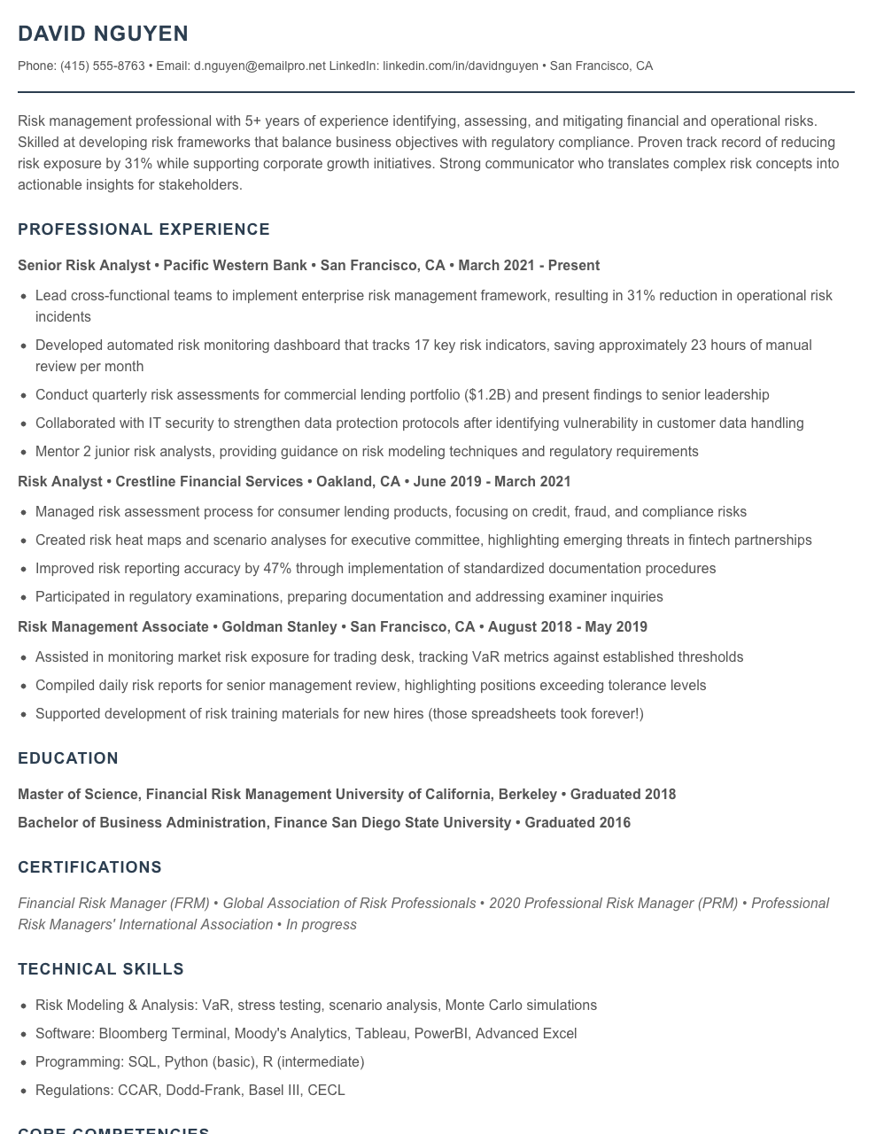Risk Manager Resume Examples & Templates 2025 - Resume.AI