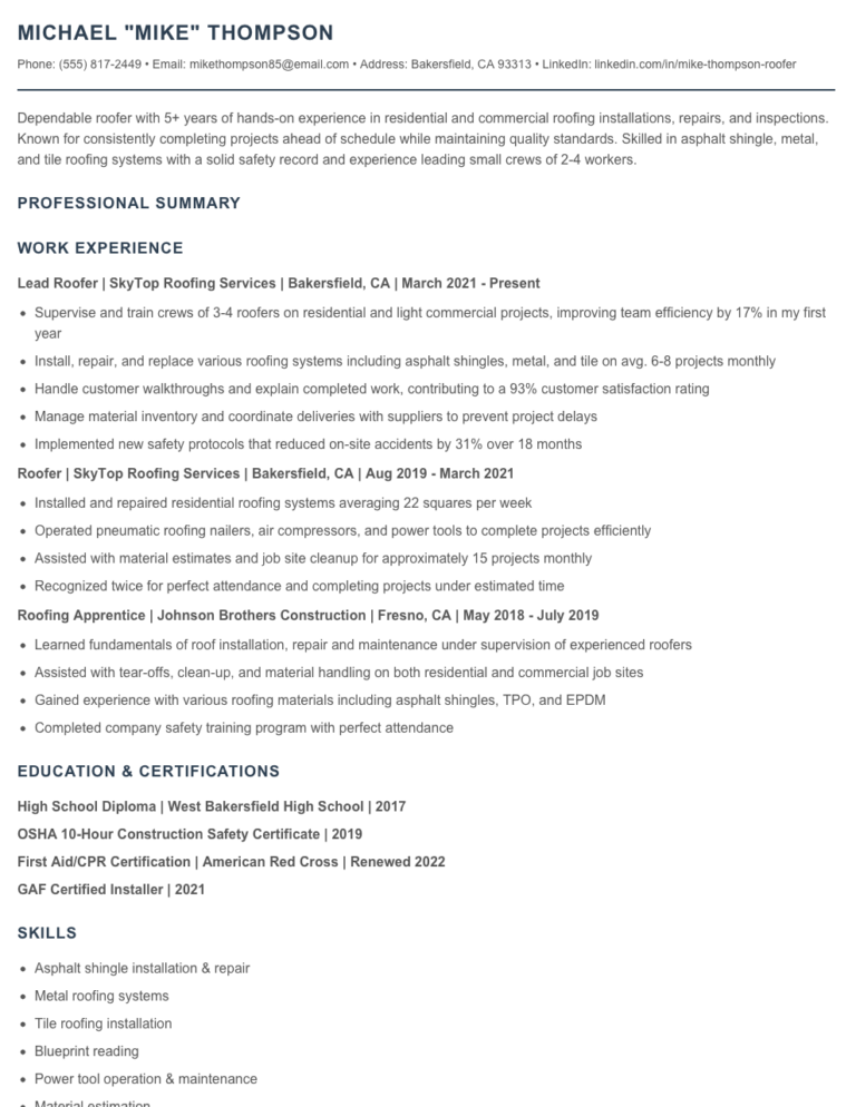 Roofer Resume Examples & Templates 2025 - Resume.AI