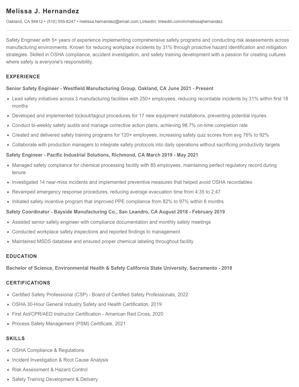 Safety Engineer Resume Examples & Templates 2025 - Resume.AI