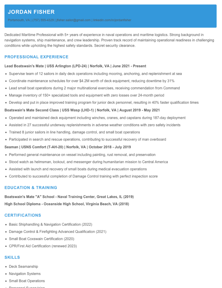 Sailor Resume Examples & Templates 2025 - Resume.AI