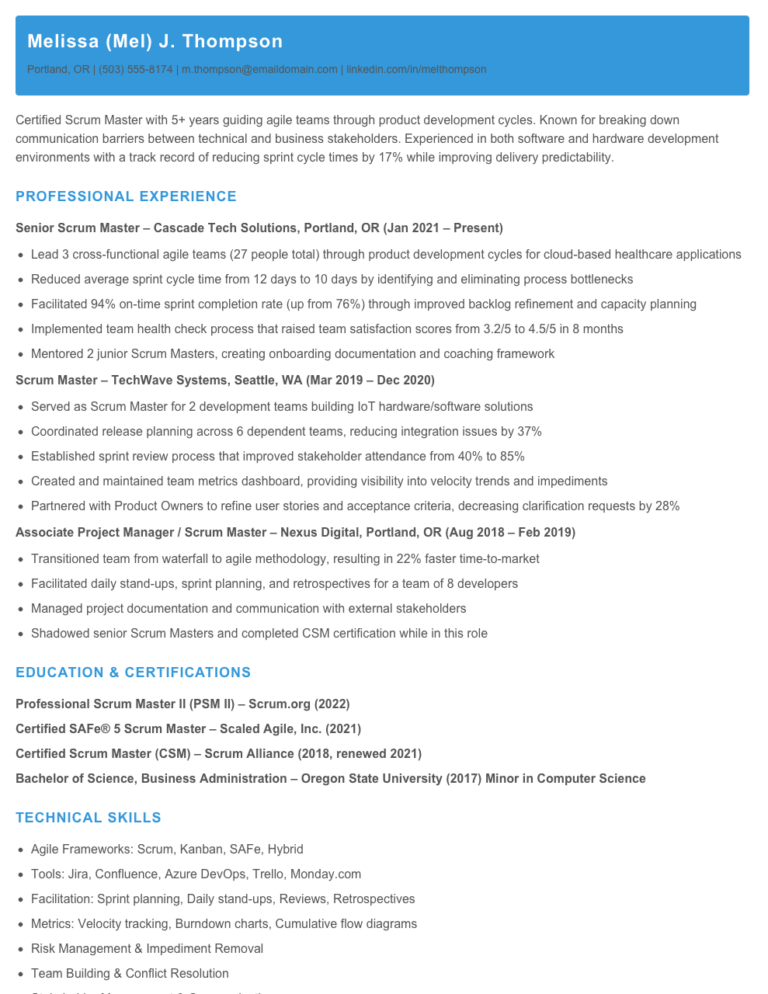 Scrum Master Resume Examples & Templates 2025 - Resume.AI