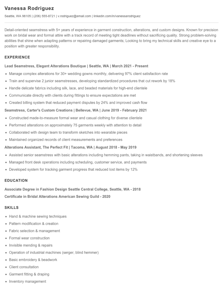 Seamstress Resume Examples & Templates 2025 - Resume.AI