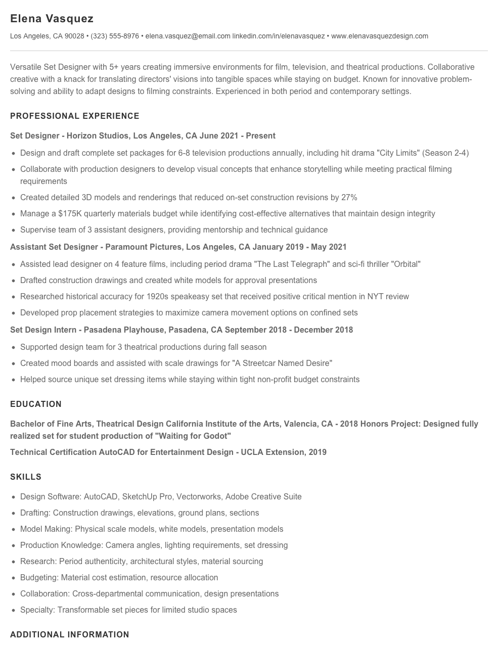 Set Designer Resume Examples & Templates 2025 - Resume.AI