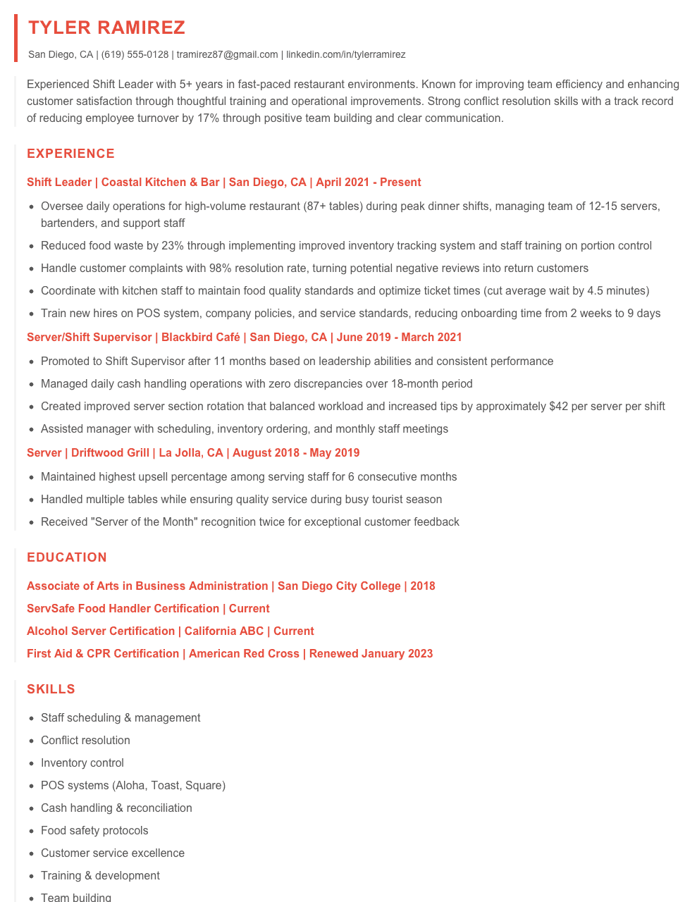 Shift Leader Resume Examples & Templates 2025 - Resume.AI