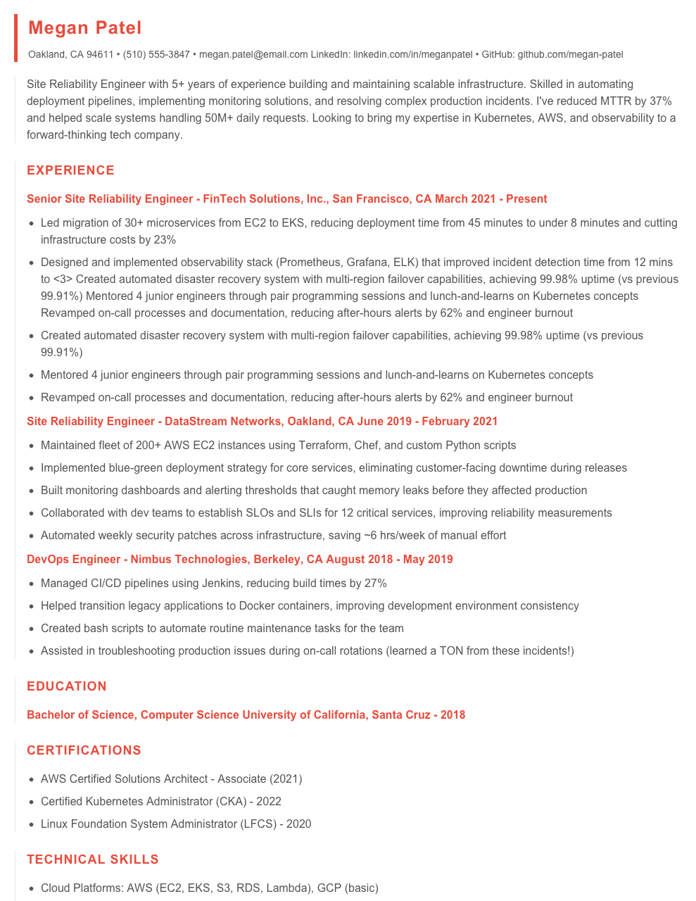 Site Reliability Engineer Resume Examples & Templates 2025 - Resume.AI
