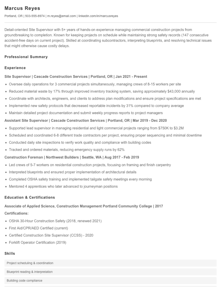 Site Supervisor Resume Examples & Templates 2025 - Resume.AI