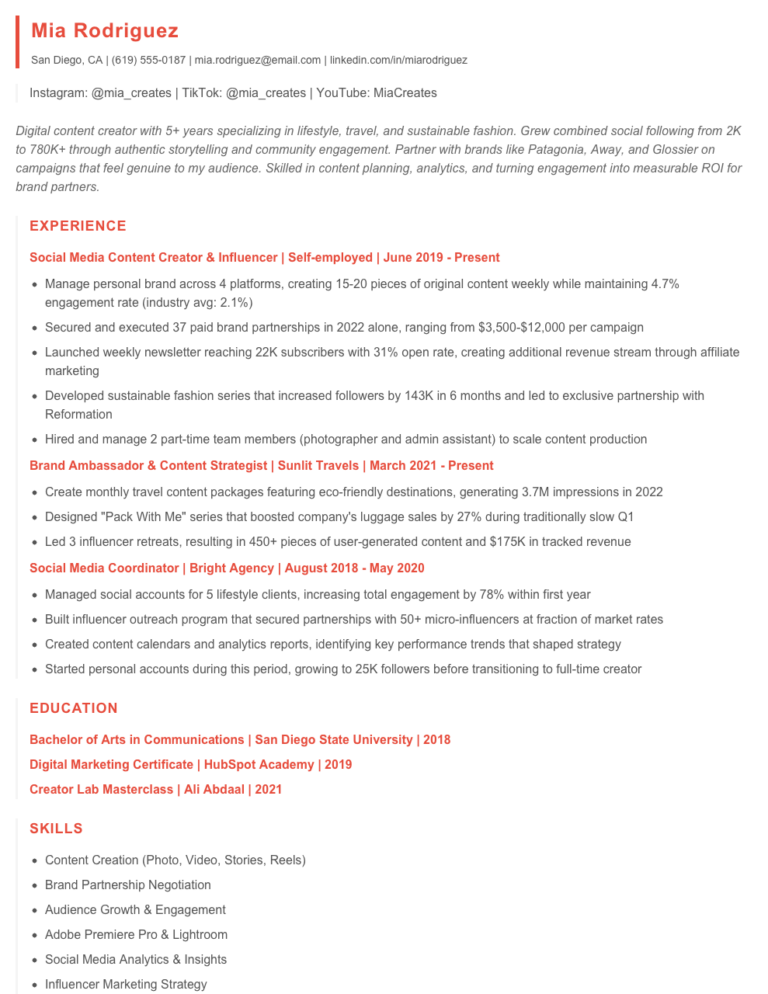 Social Media Influencer Resume Examples & Templates 2025 - Resume.AI