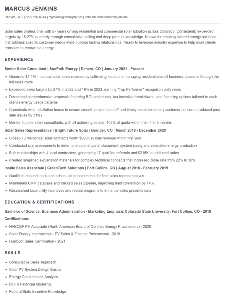 Solar Sales Consultant Resume Examples & Templates 2025 - Resume.AI