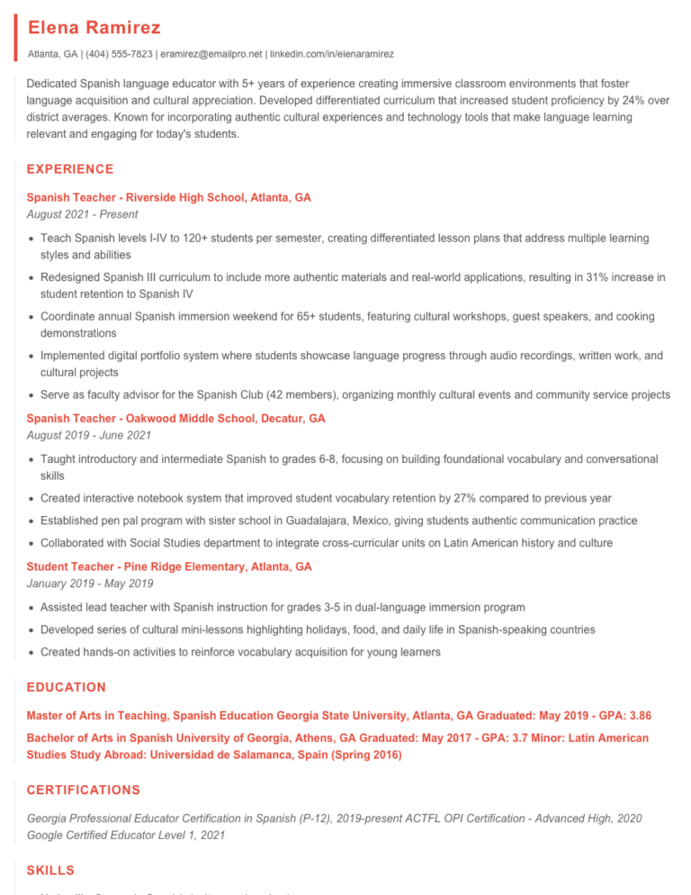 Spanish Teacher Resume Examples & Templates 2025 - Resume.AI