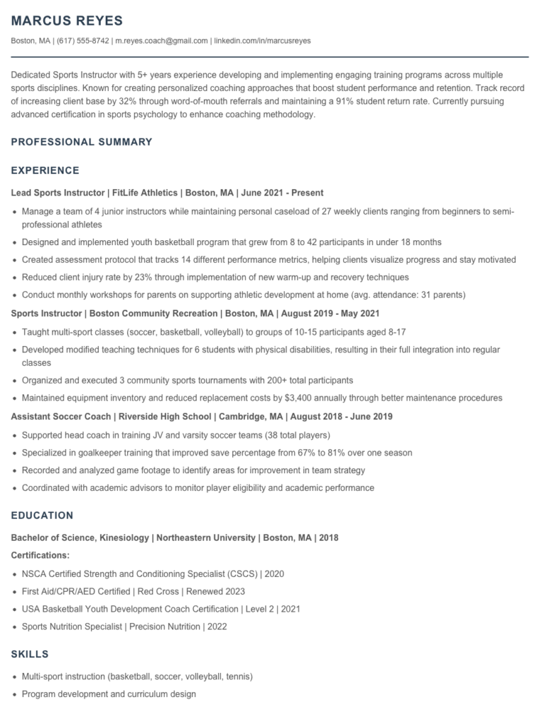 Sports Instructor Resume Examples & Templates 2025 - Resume.AI