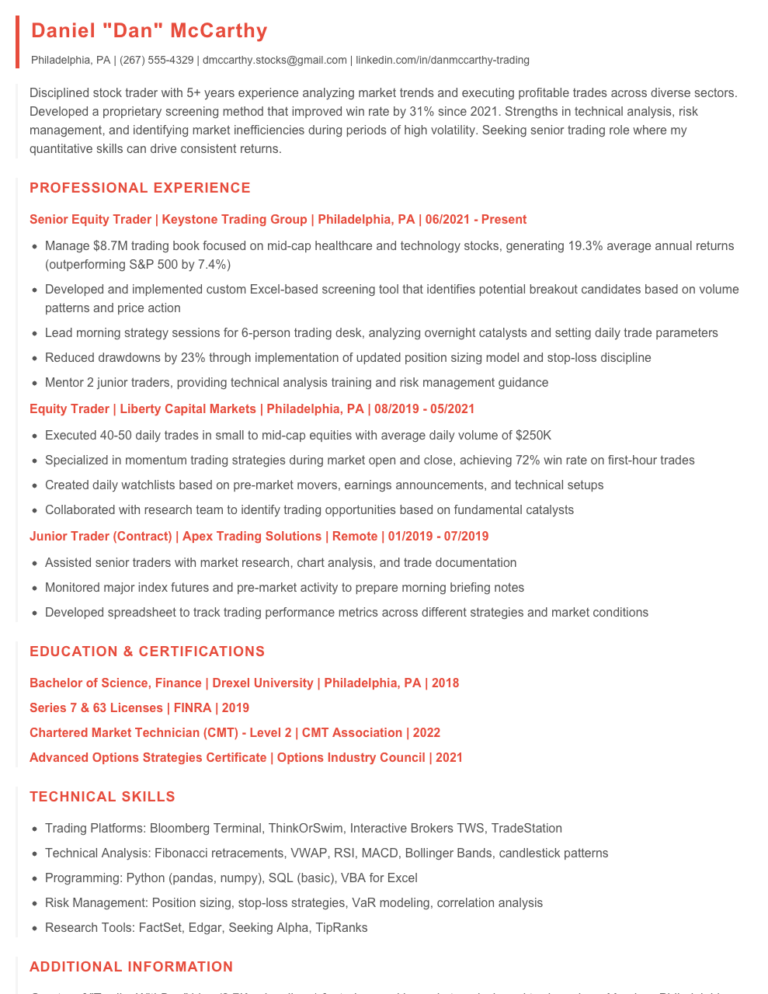 Stock Trader Resume Examples & Templates 2025 - Resume.AI