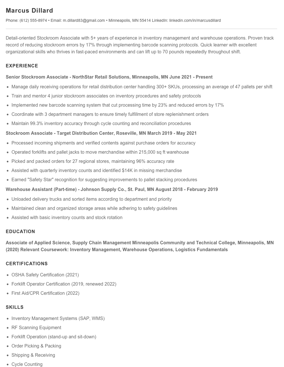 Stockroom Associate Resume Examples & Templates 2025 - Resume.AI