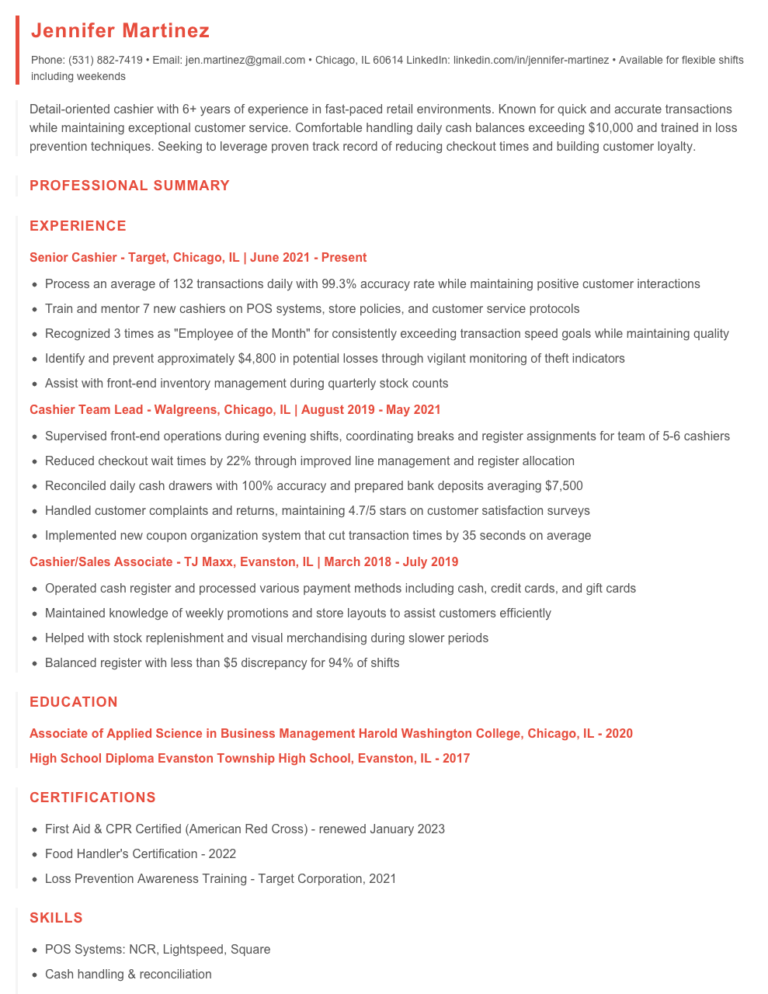 Store Cashier Resume Examples & Templates 2025 - Resume.AI