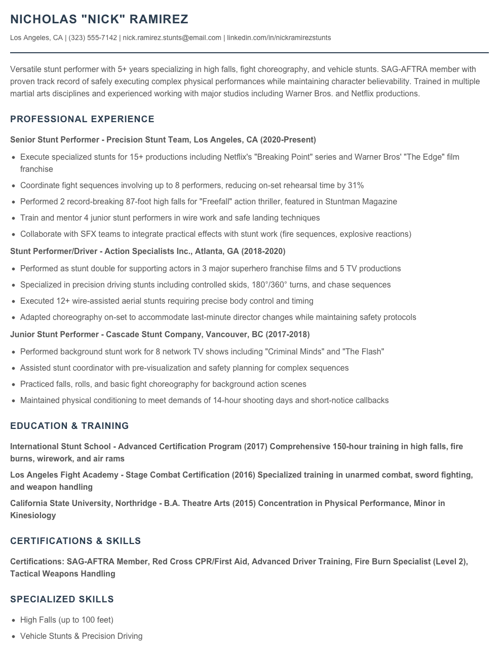 Stunt Performer Resume Examples & Templates 2025 - Resume.AI