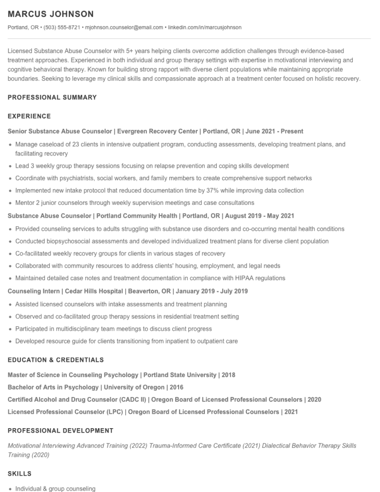 Substance Abuse Counselor Resume Examples & Templates 2025 - Resume.AI