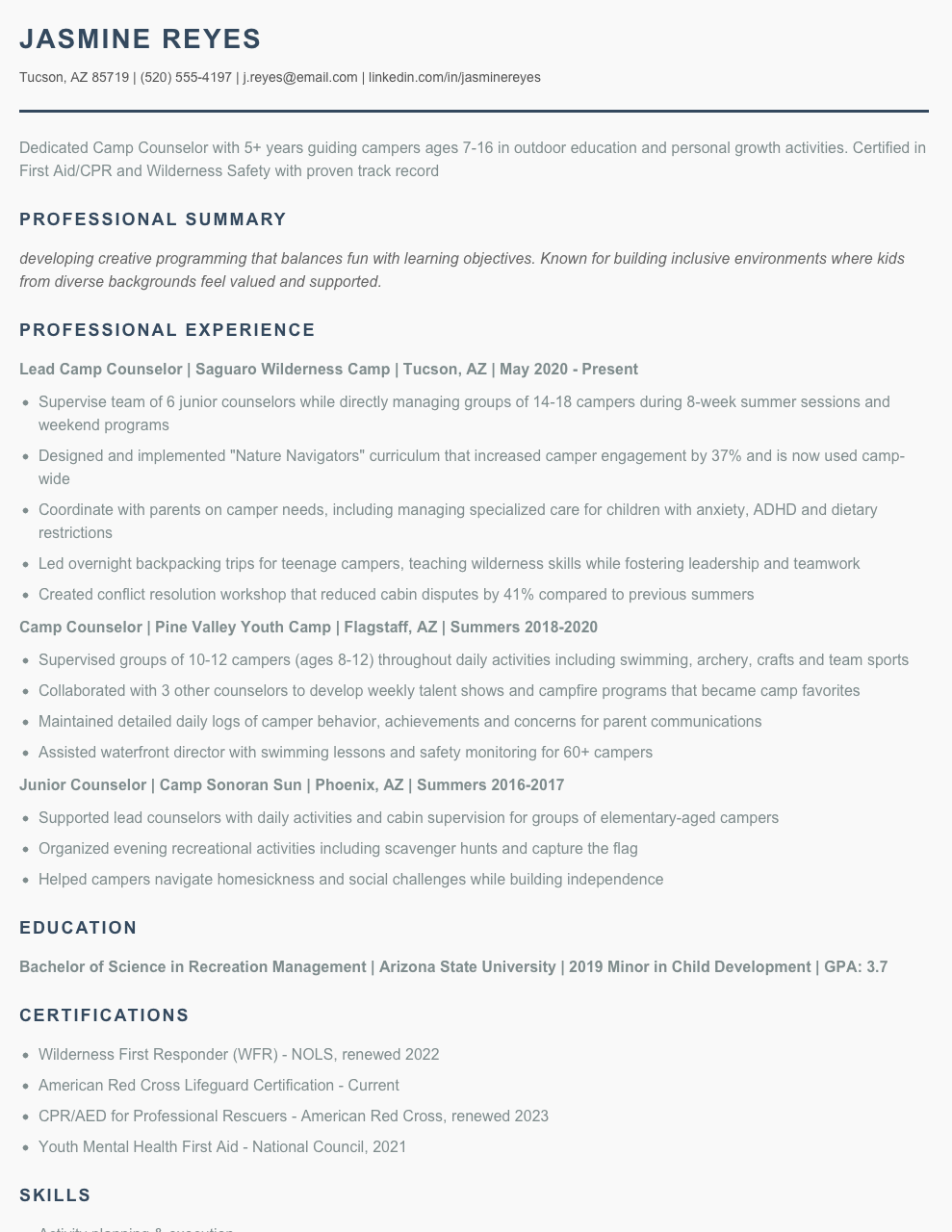Summer Camp Counselor Resume Examples & Templates 2025 - Resume.AI