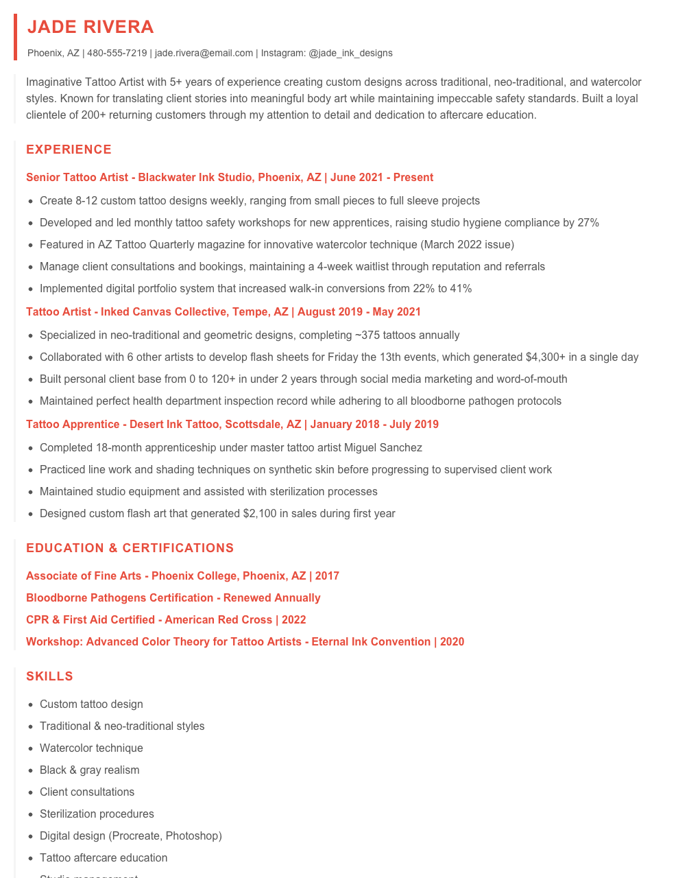 Tattoo Artist Resume Examples & Templates 2025 - Resume.AI
