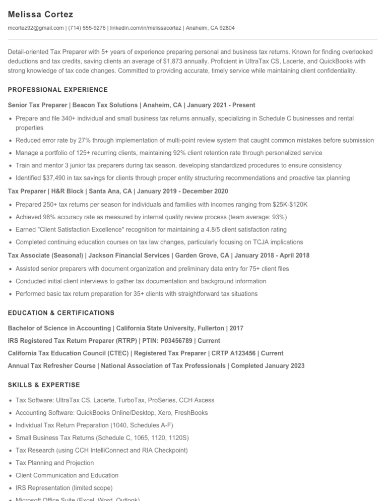Tax Preparer Resume Examples & Templates 2025 - Resume.AI