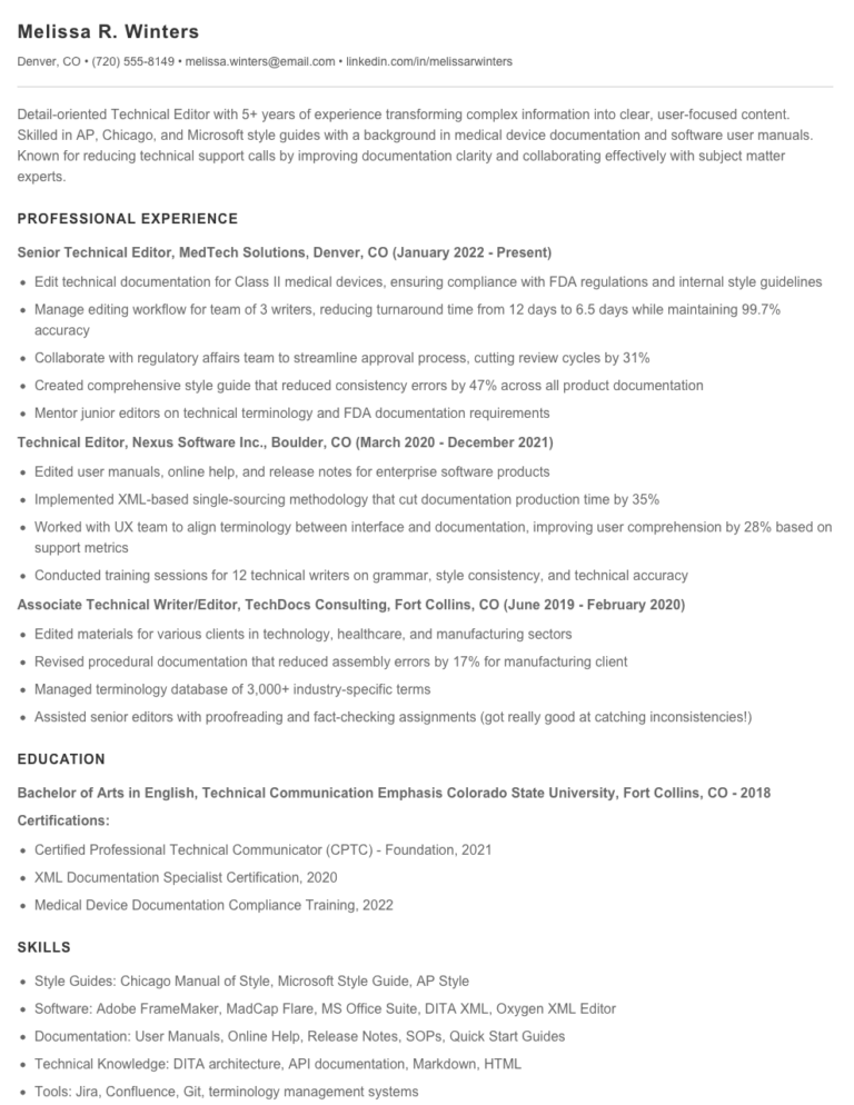 Technical Editor Resume Examples & Templates 2025 - Resume.AI