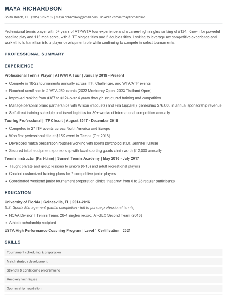 Tennis Player Resume Examples & Templates 2025 - Resume.AI