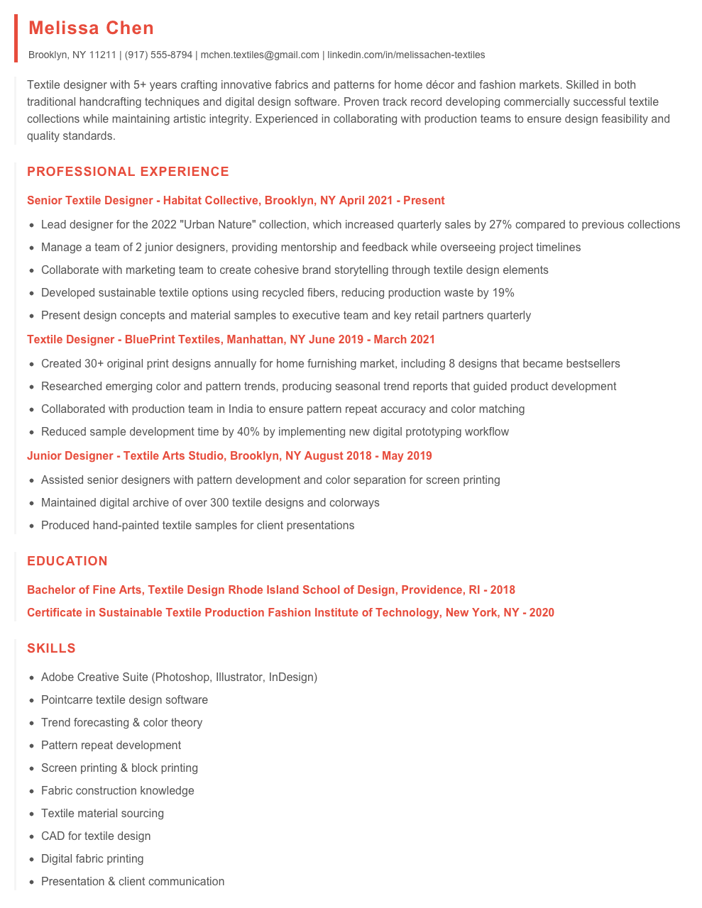 Textile Designer Resume Examples & Templates 2025 - Resume.AI