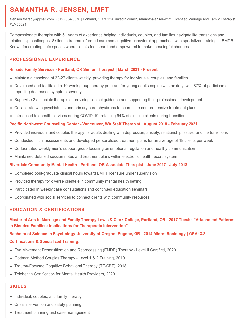 Therapist Resume Examples & Templates 2025 - Resume.AI