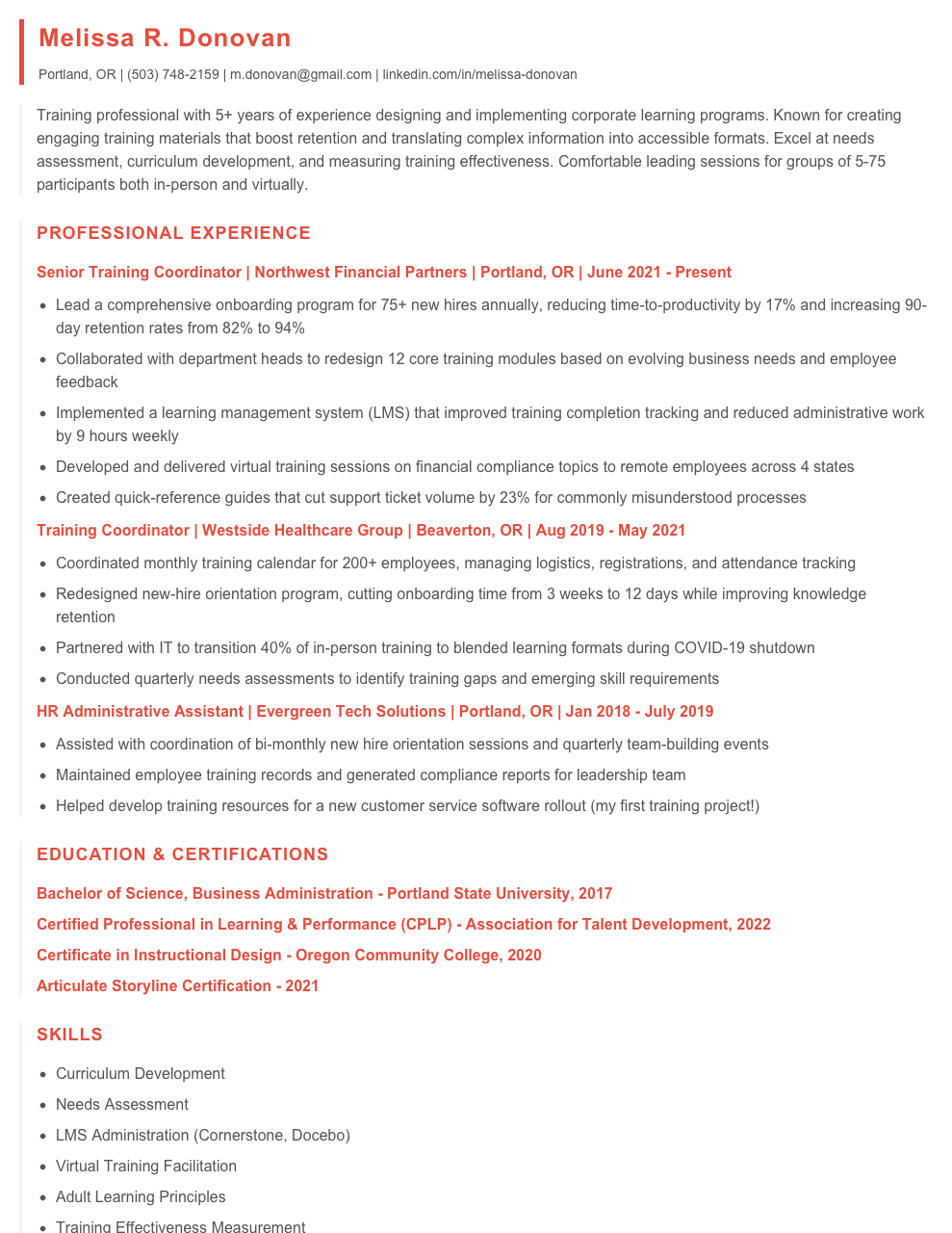 Training Coordinator Resume Examples & Templates 2025 - Resume.AI