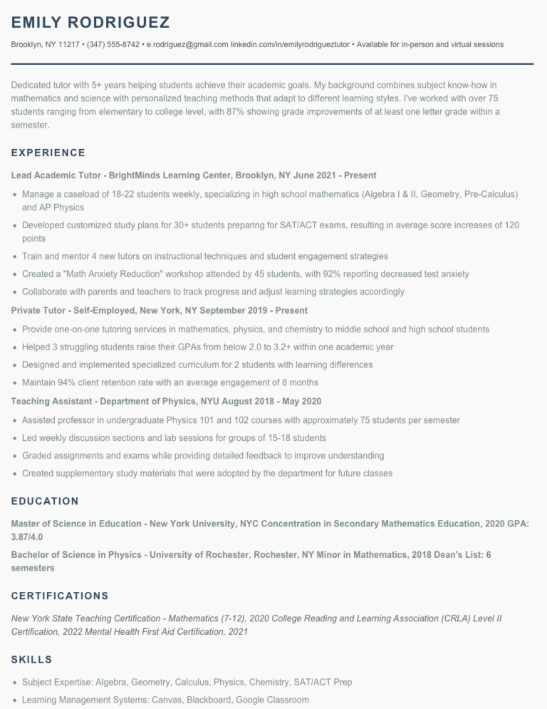 Tutor Resume Examples & Templates 2025 - Resume.AI