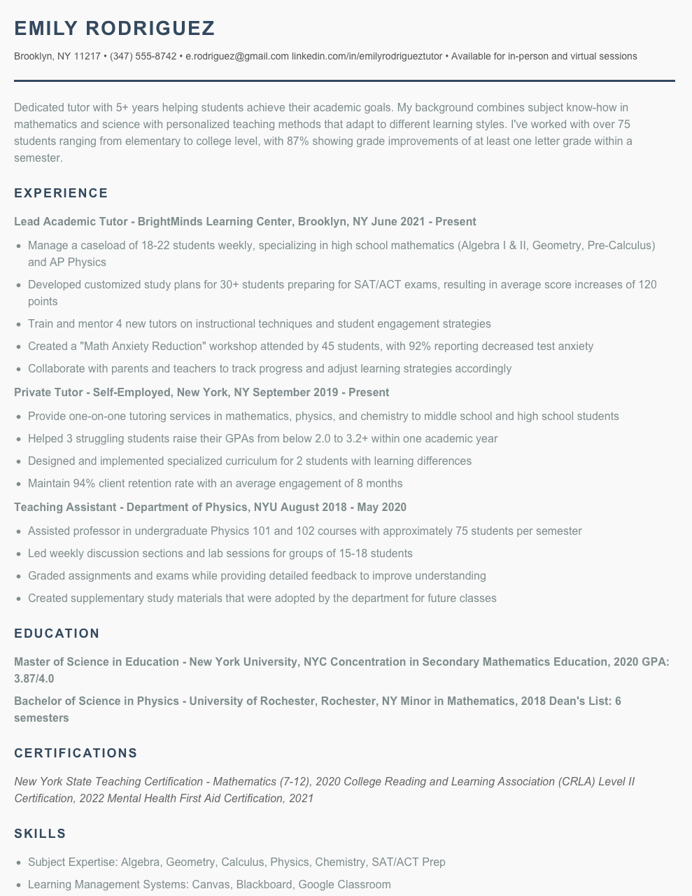 Tutor Resume Examples & Templates 2025 - Resume.AI