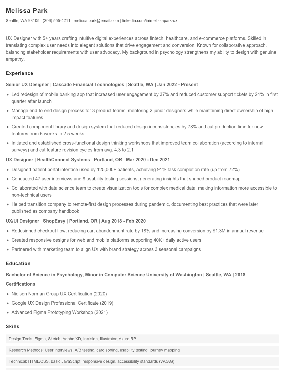 UX Designer Resume Examples & Templates 2025 - Resume.AI