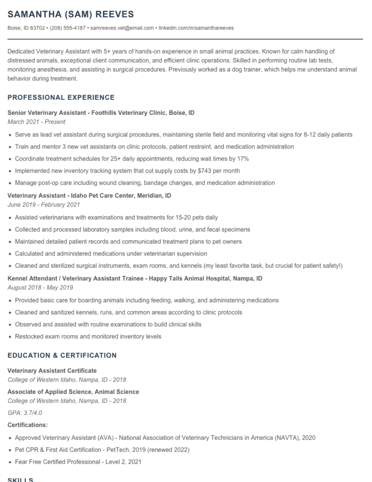 Veterinary Assistant Resume Examples & Templates 2025 - Resume.AI
