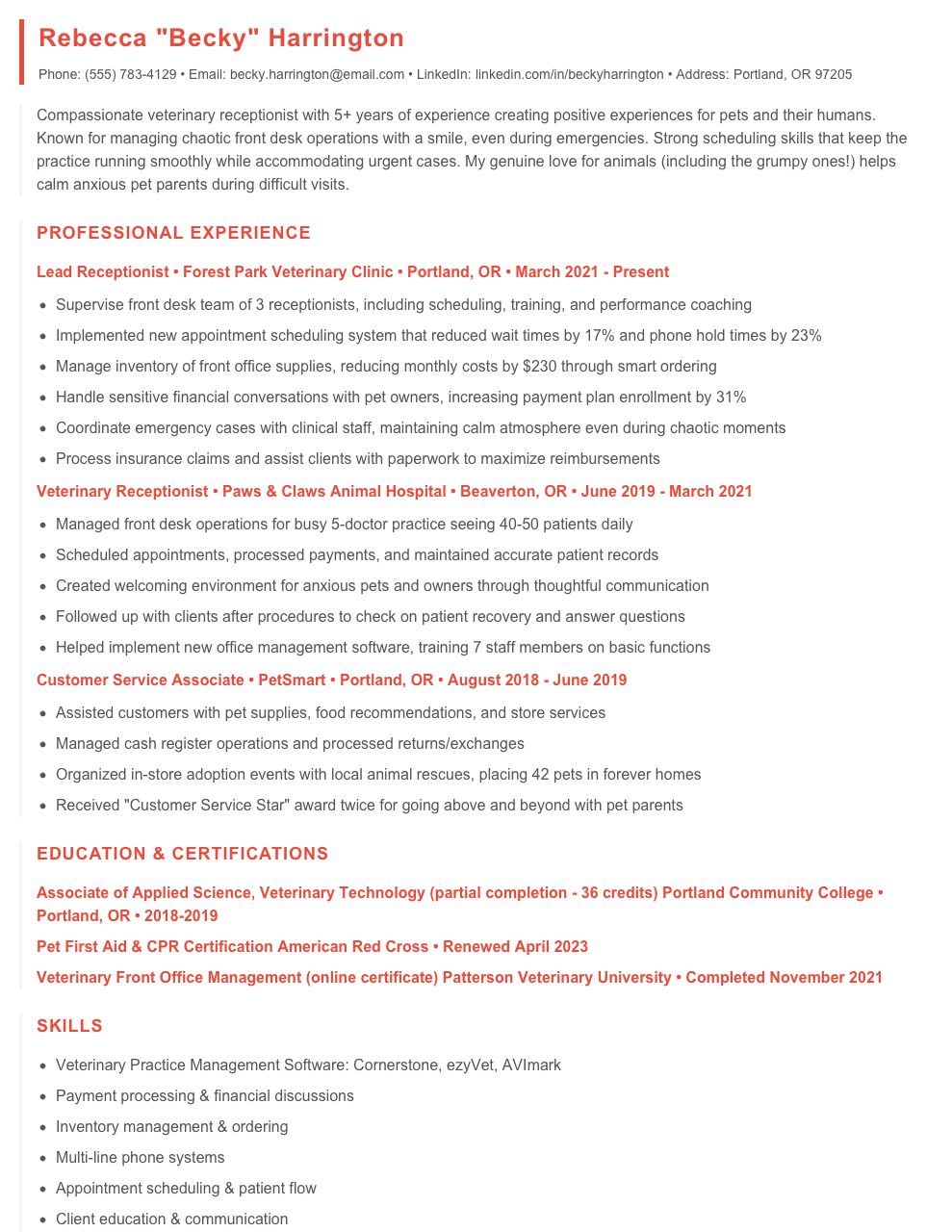 Veterinary Receptionist Resume Examples & Templates 2025 - Resume.AI
